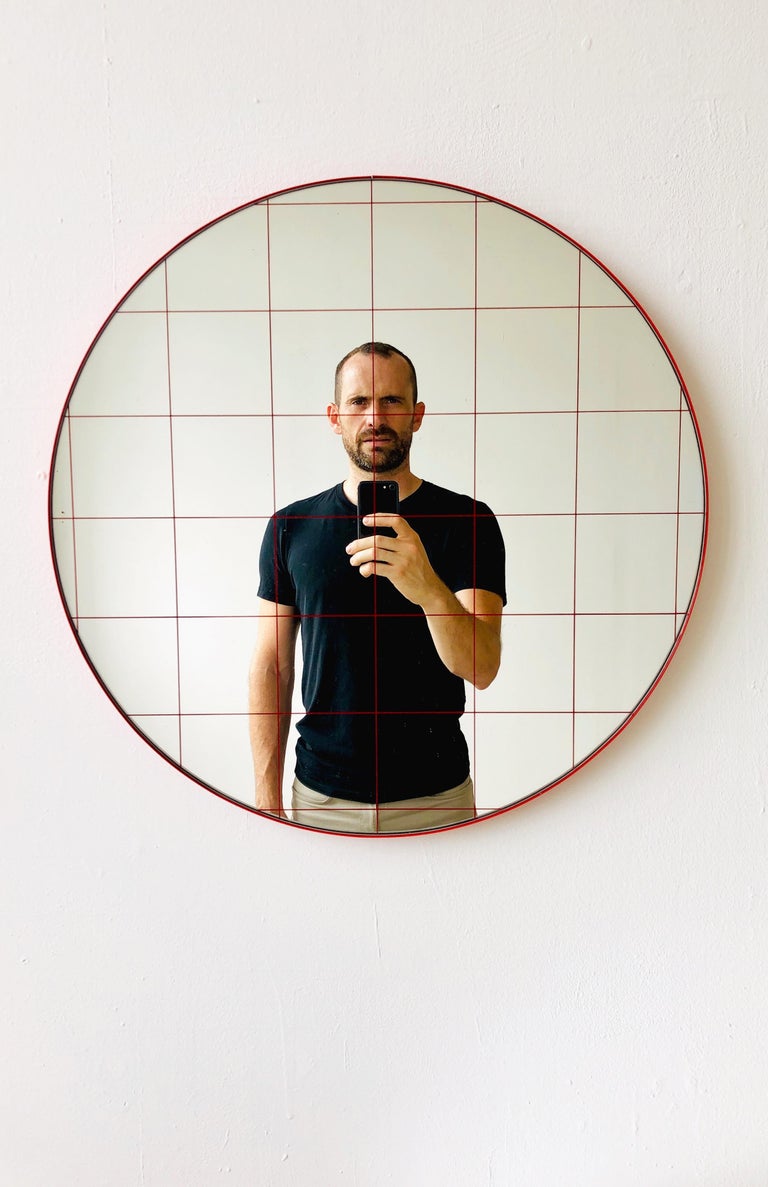 Orbis Red Grid Round Contemporary Mirror with Red Frame, XL For Sale at ...