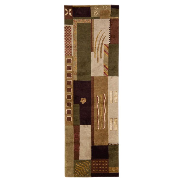 Modern Art Deco Style Handmade Abstract Motif Brown Wool Runner For ...