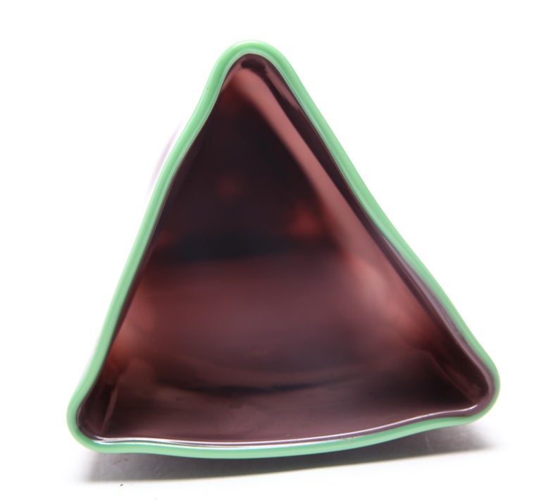 Modern Art Glass Mauve Triangular Vase With Green Rim For Sale at 1stDibs