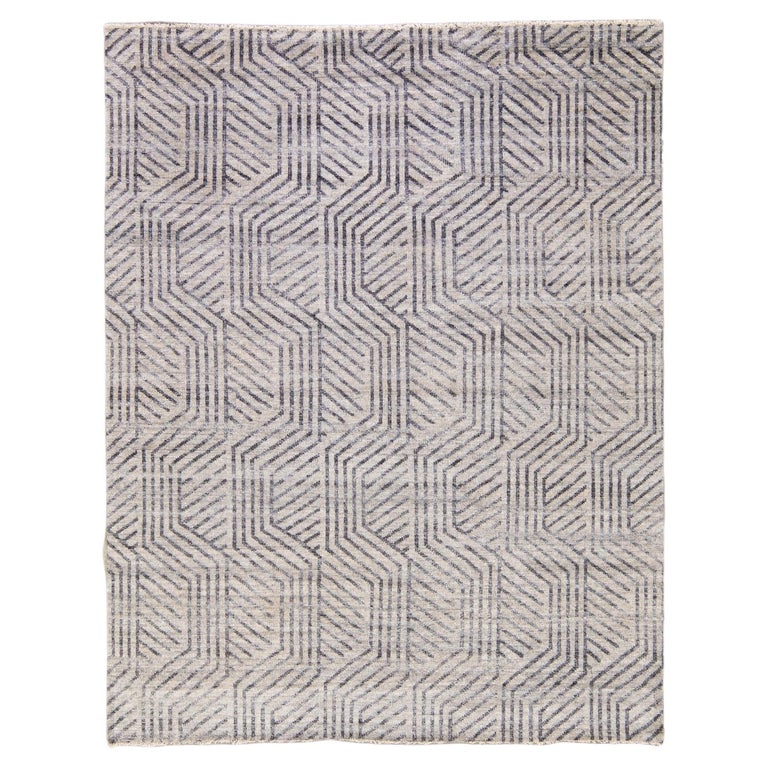 Modern Beige and Gray Handmade Seamless Chevron Pattern Wool Rug For ...