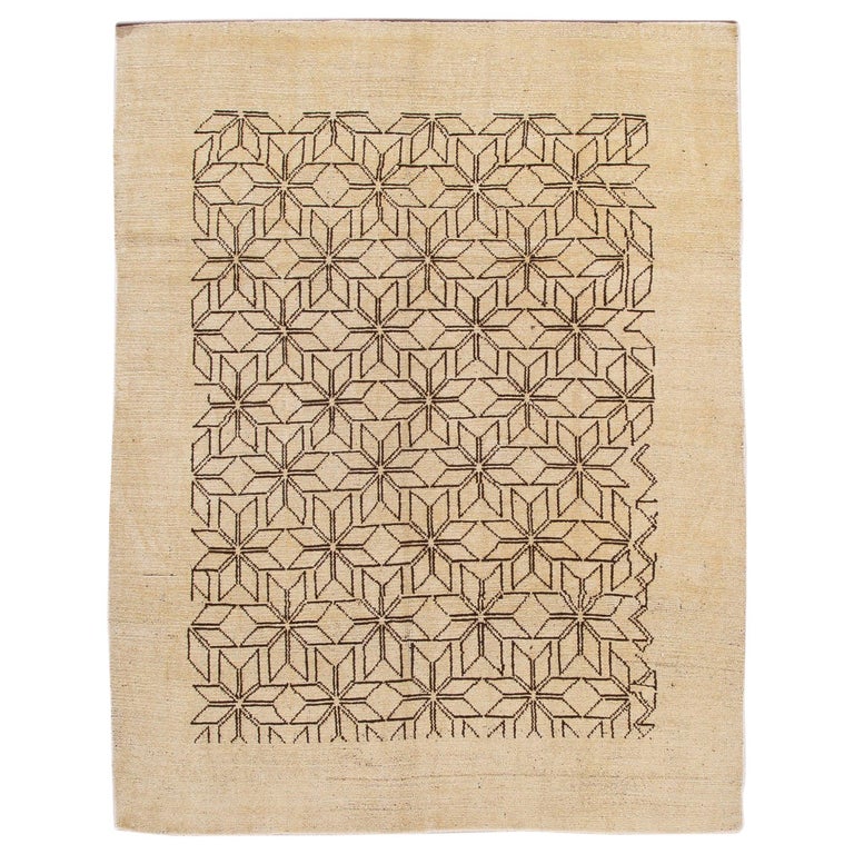 Modern Beige Deco Style Handmade Geometric Floral Wool Rug For Sale at ...