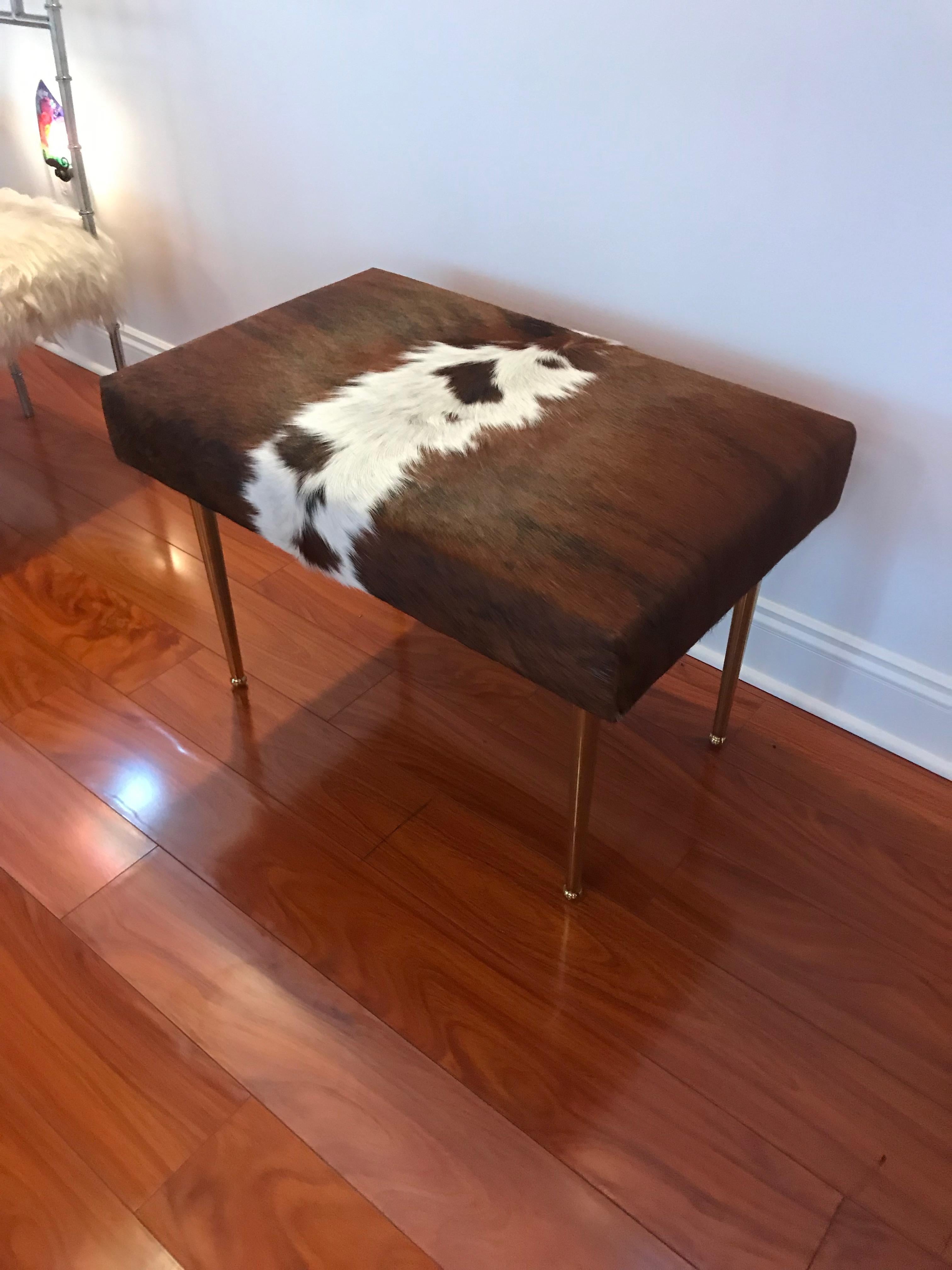 Modern Bench with Brass and Cow Hide at 1stDibs | cow skin bench