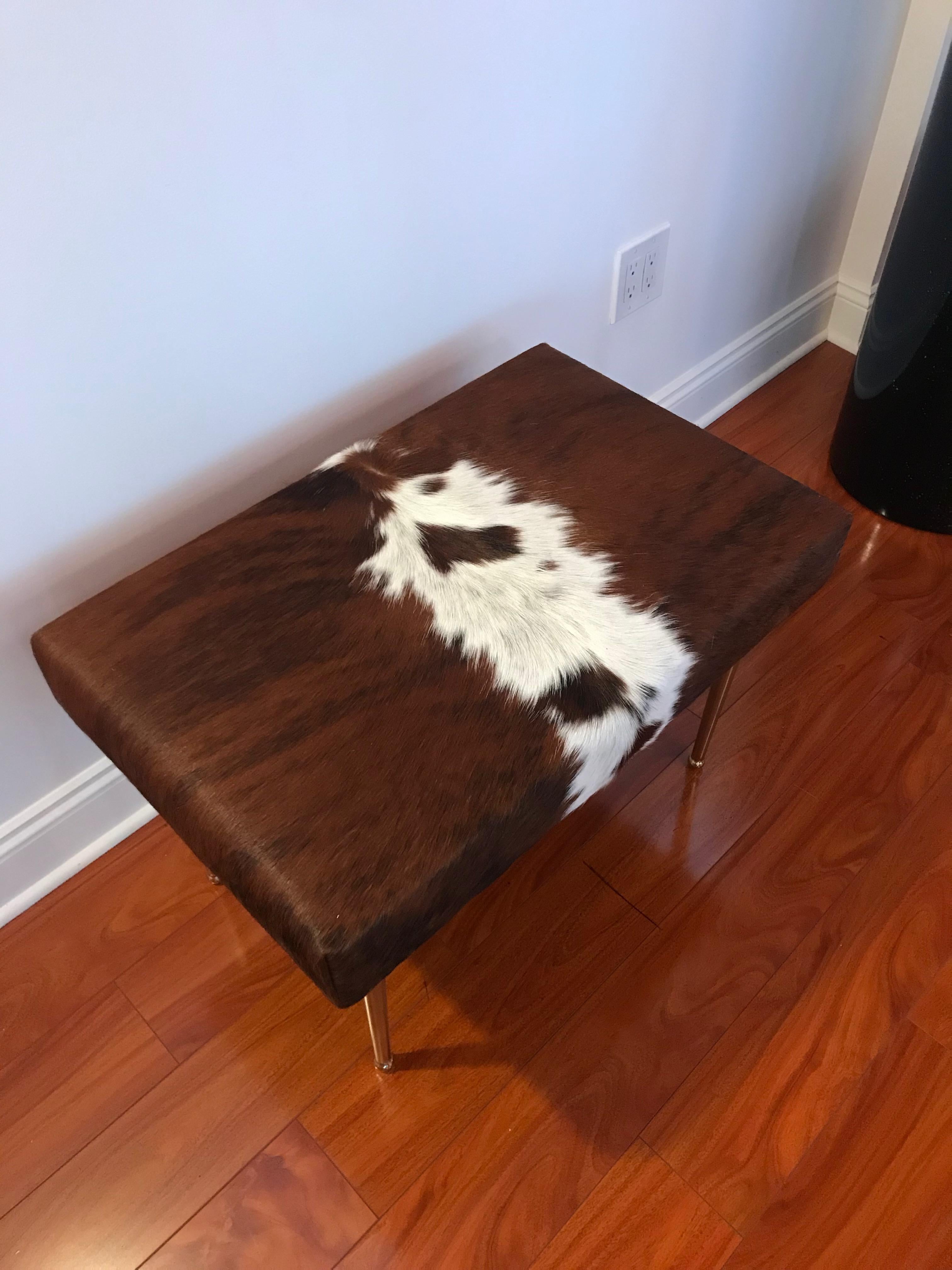 Modern Bench with Brass and Cow Hide at 1stDibs | cow skin bench