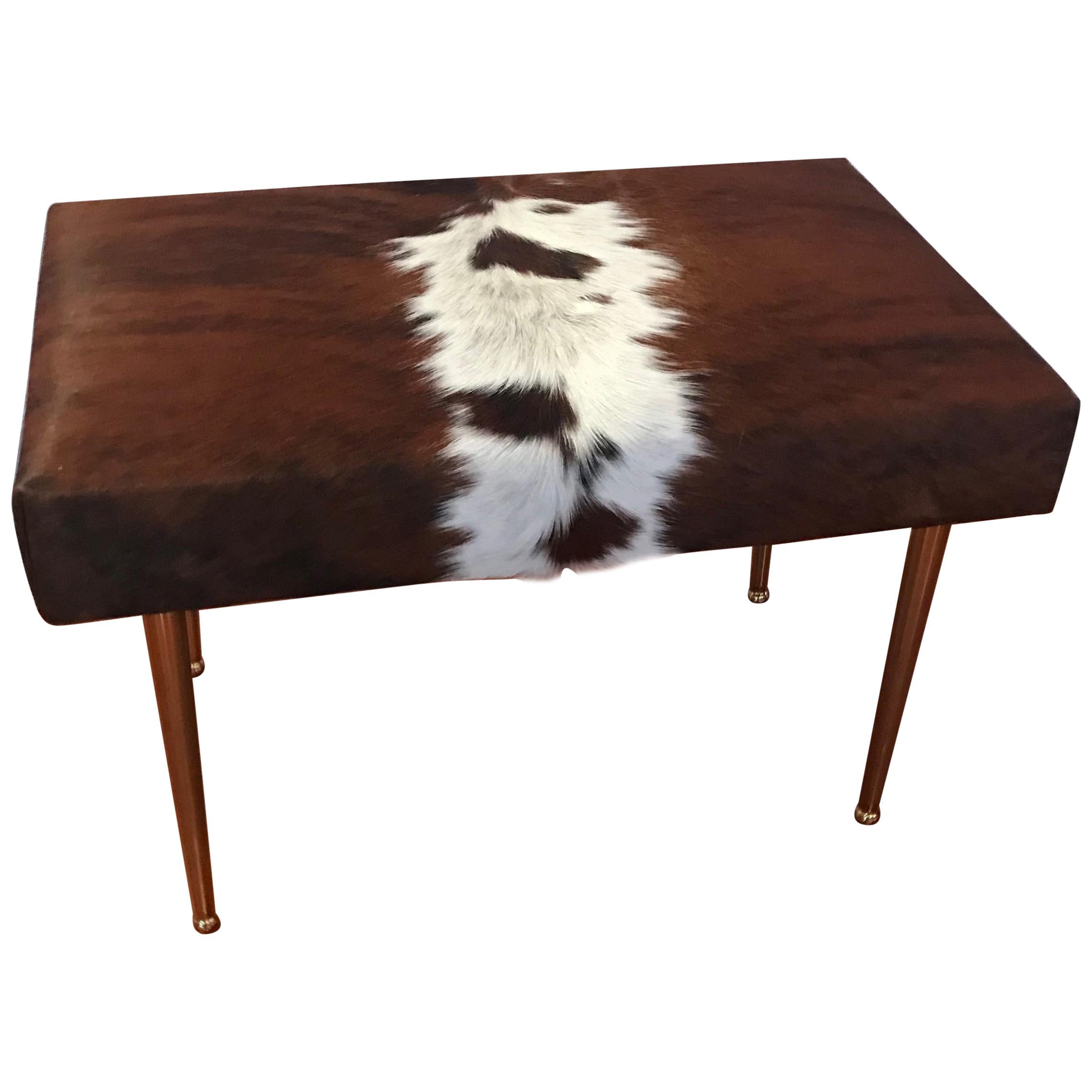 Modern Bench with Brass and Cow Hide at 1stDibs | cow skin bench