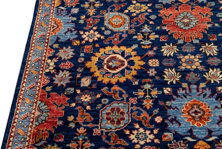 Modern Bidjar Style Handmade Floral Designed Blue Scatter Wool Rug For ...