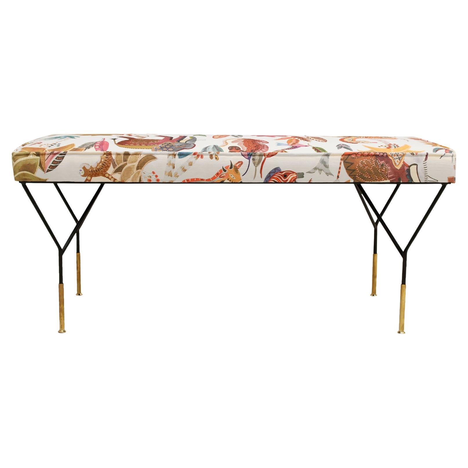 Modern Black Lacquered Iron and Patterned Fabric, 1970s Italian Stool ...