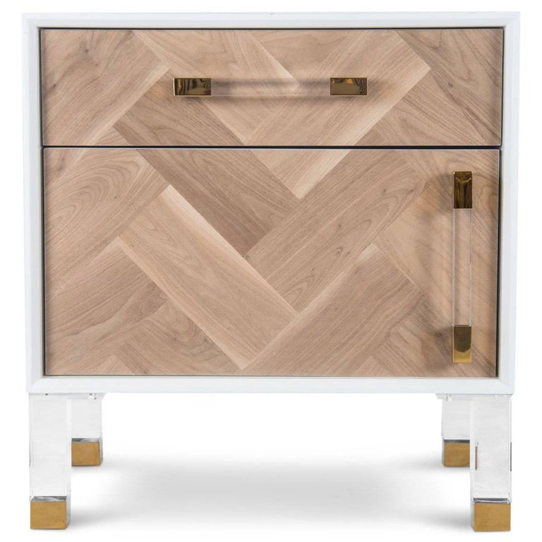 Modern Bleached Walnut Herringbone Side Table with Brass and Lucite ...