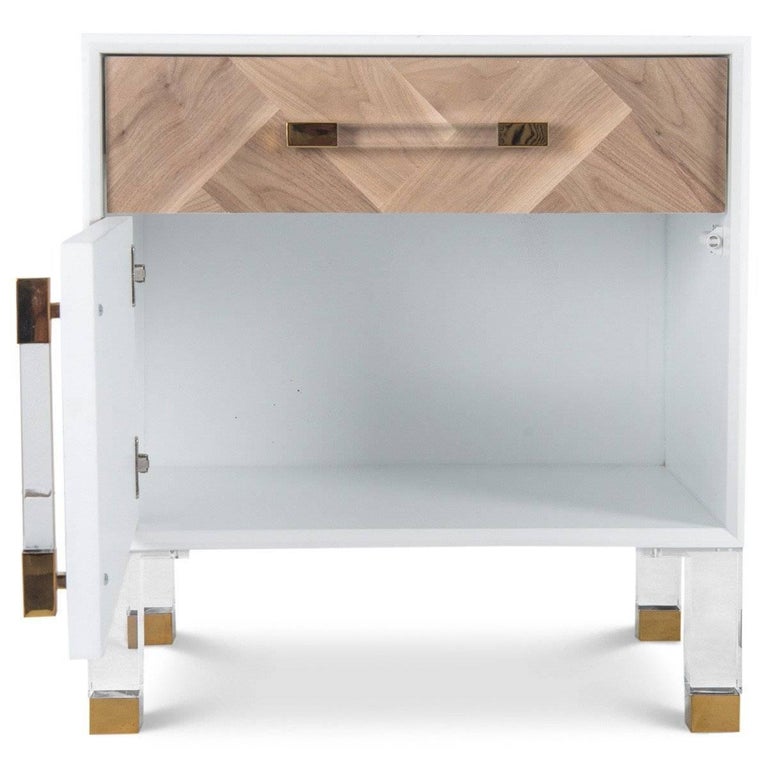 Modern Bleached Walnut Herringbone Side Table with Brass and Lucite ...