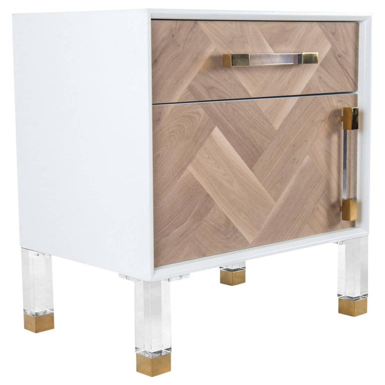 Modern Bleached Walnut Herringbone Side Table with Brass and Lucite ...