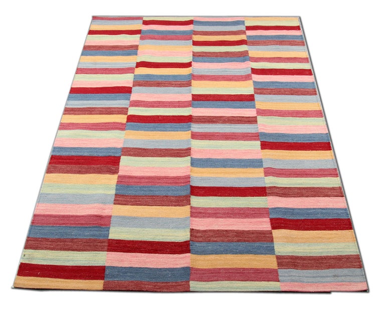 Modern Block Colour Wool Kilim Handmade Striped Area Rug at 1stDibs