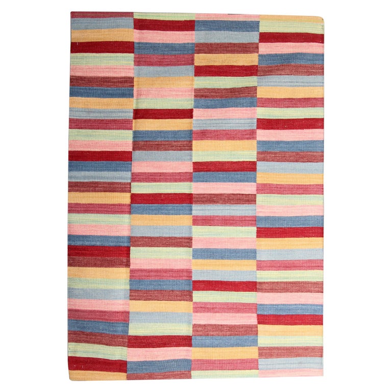 Modern Block Colour Wool Kilim Handmade Striped Area Rug at 1stDibs