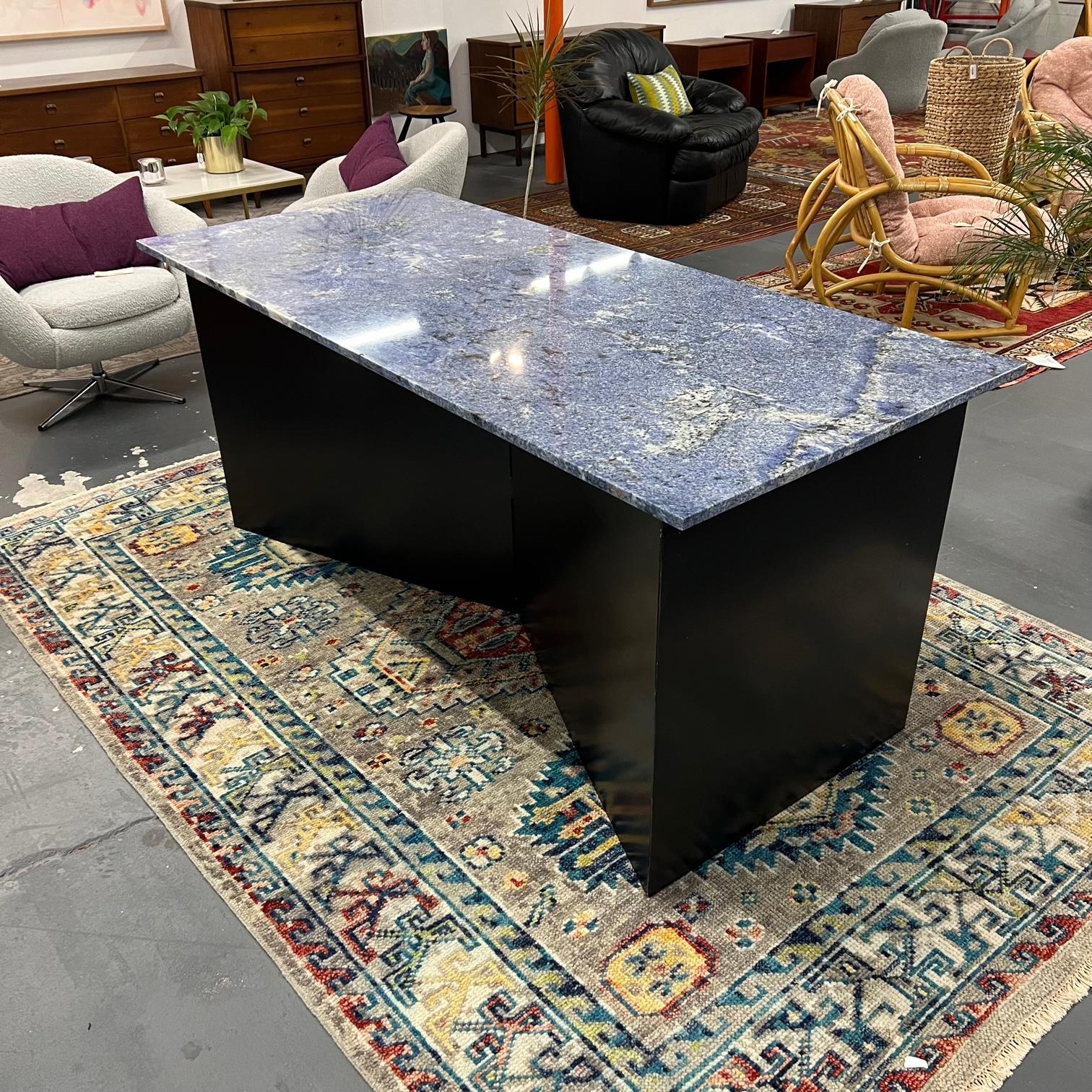Modern Blue Granite Kitchen Island/Console Table w/ Handmade Black ...