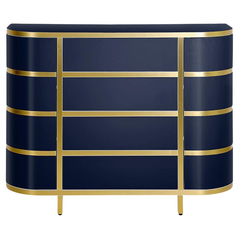 Contemporary Blue, White, Black High Gloss Rounded Console with drawers ...