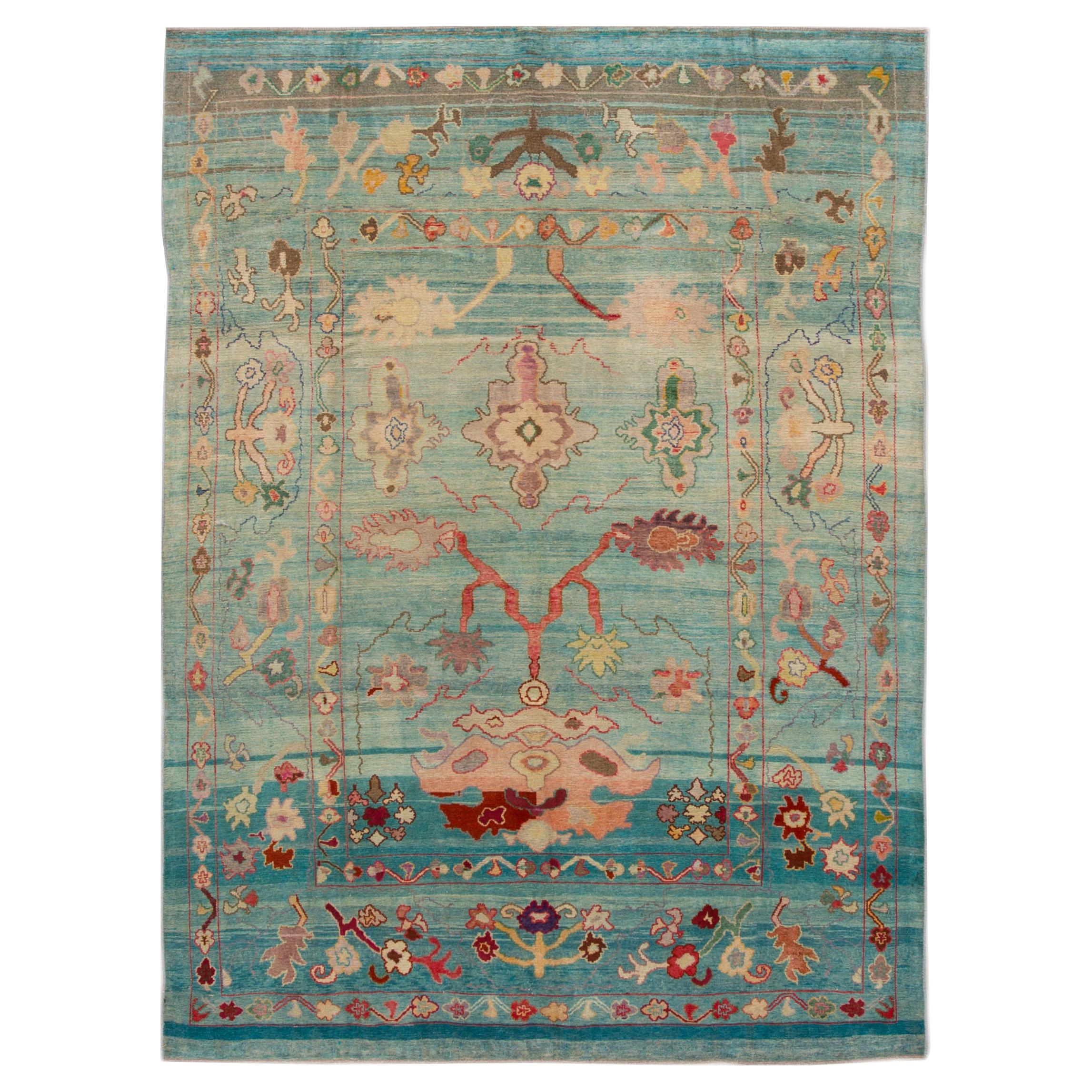 Modern Handmade Blue Greek Key Pattern Beige Oversize Wool Rug For Sale ...