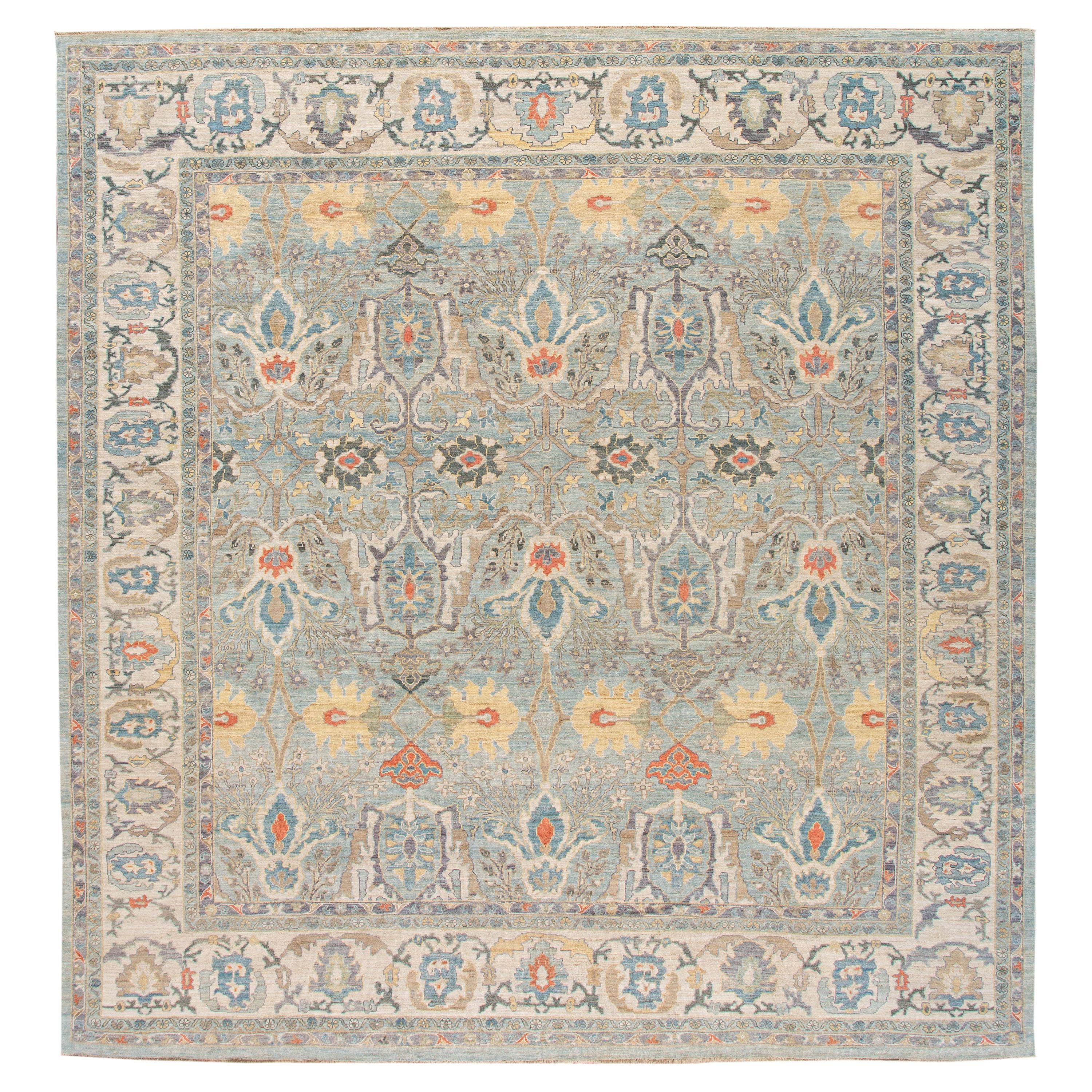 Modern Square Sultanabad Wool Rug Handmade Floral In Blue For Sale at ...