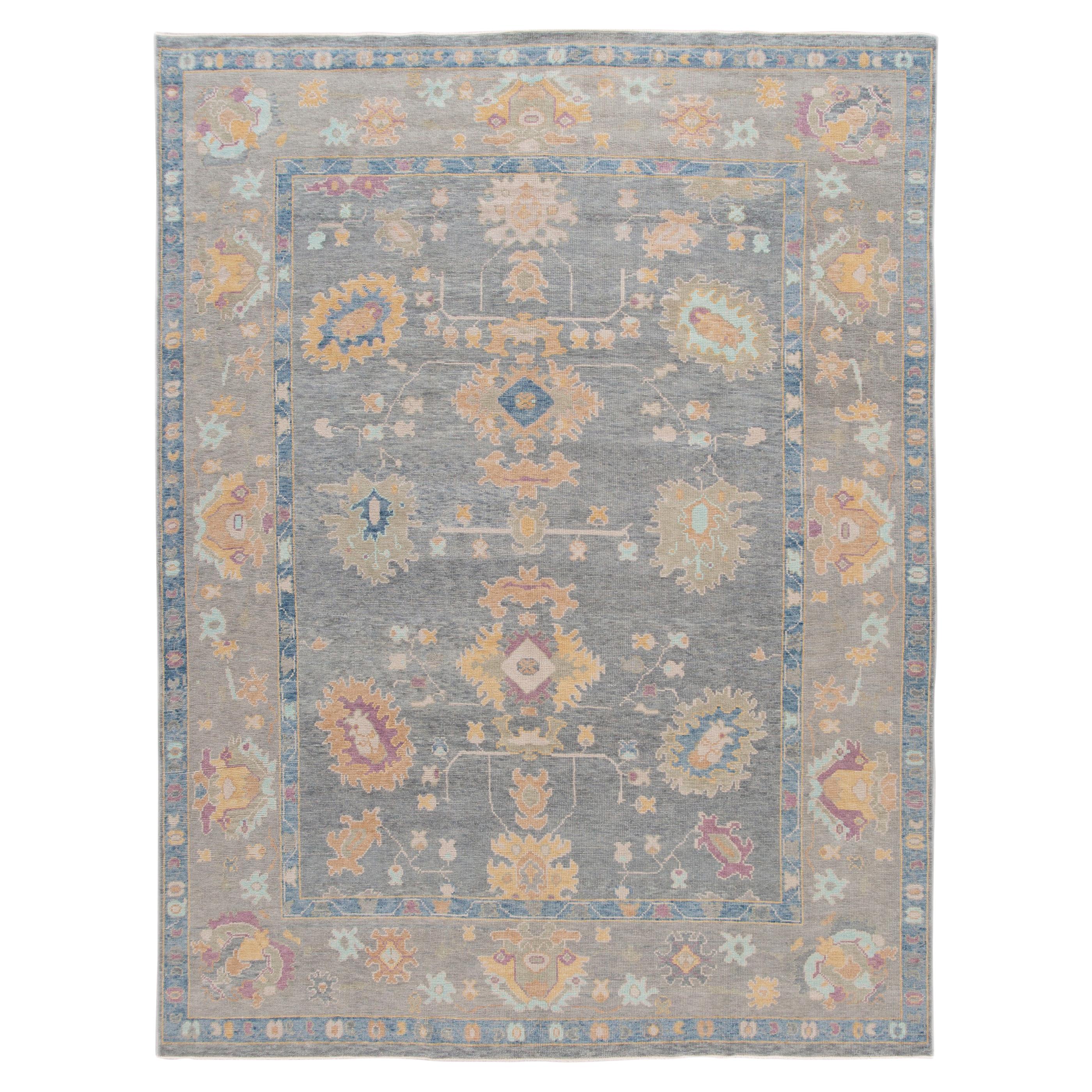 Modern Turkish Oushak Floral Blue Handmade Wool Rug For Sale at 1stDibs