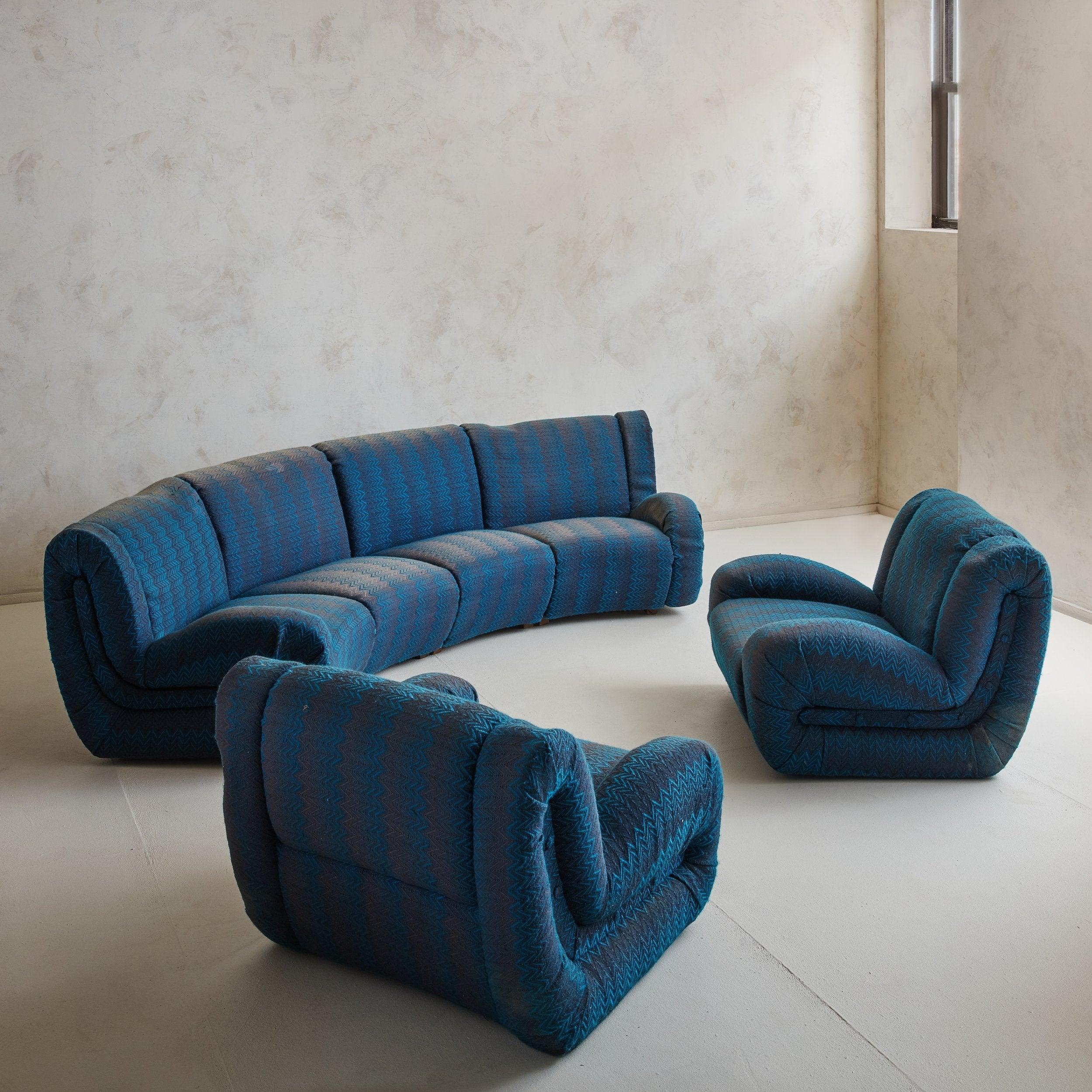 Modern Blue Upholstered 4-Piece Modular Sofa, Mid 20th Century For Sale ...