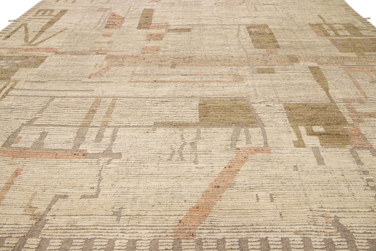 Modern Boho Chic Moroccan Style Handmade Abstract Beige Square Wool Rug ...