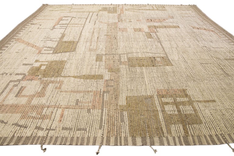 Modern Boho Chic Moroccan Style Handmade Abstract Beige Square Wool Rug ...