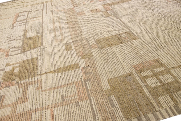 Modern Boho Chic Moroccan Style Handmade Abstract Beige Square Wool Rug ...