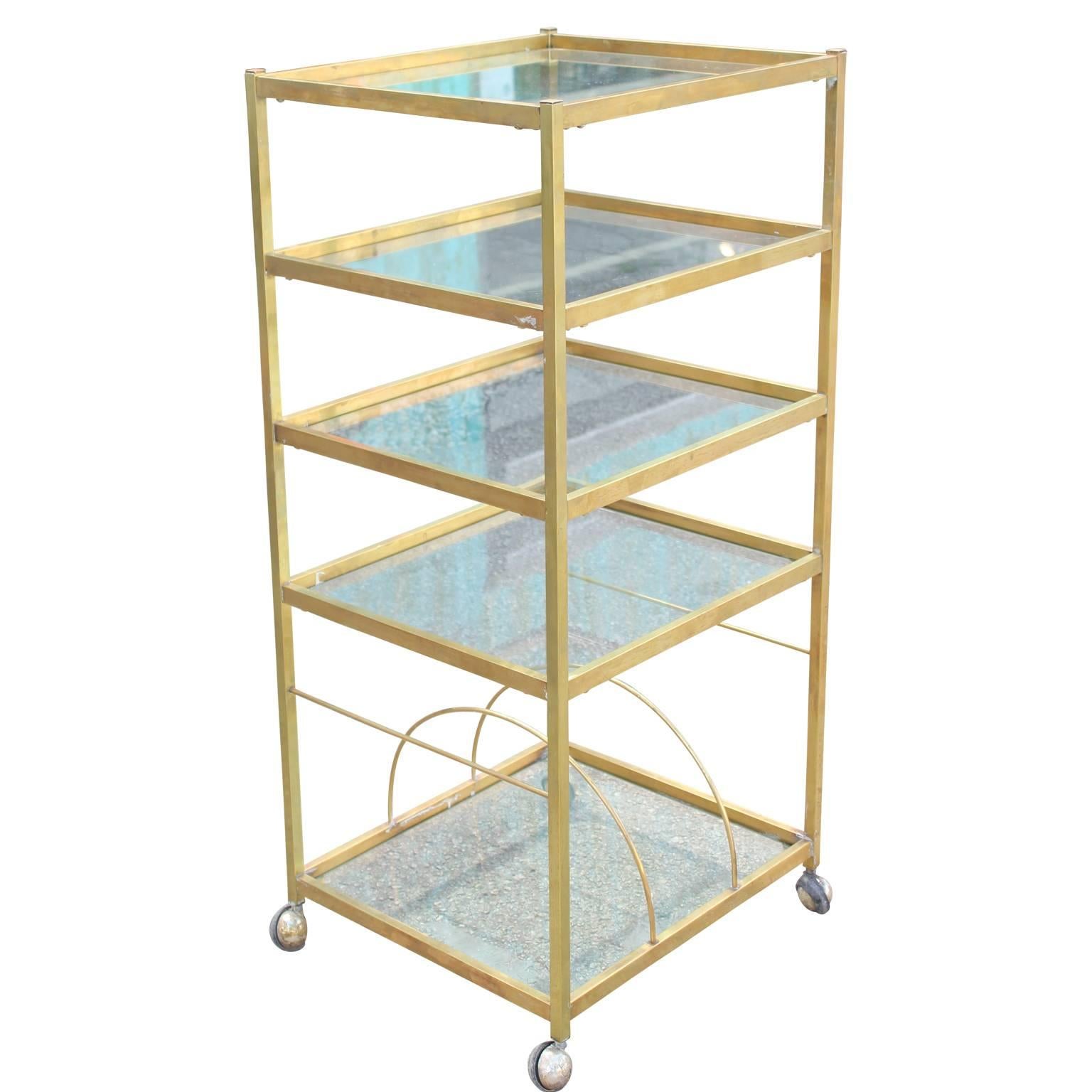 Modern Brass Bar Cart or Display with Glass Shelves at 1stDibs