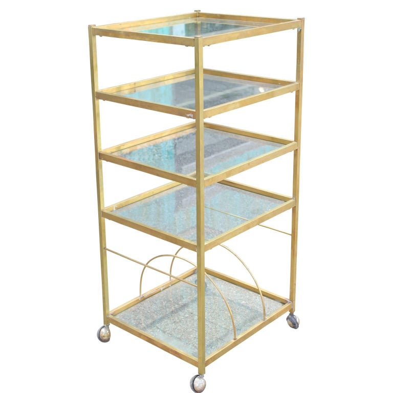 Modern Brass Bar Cart or Display with Glass Shelves at 1stDibs