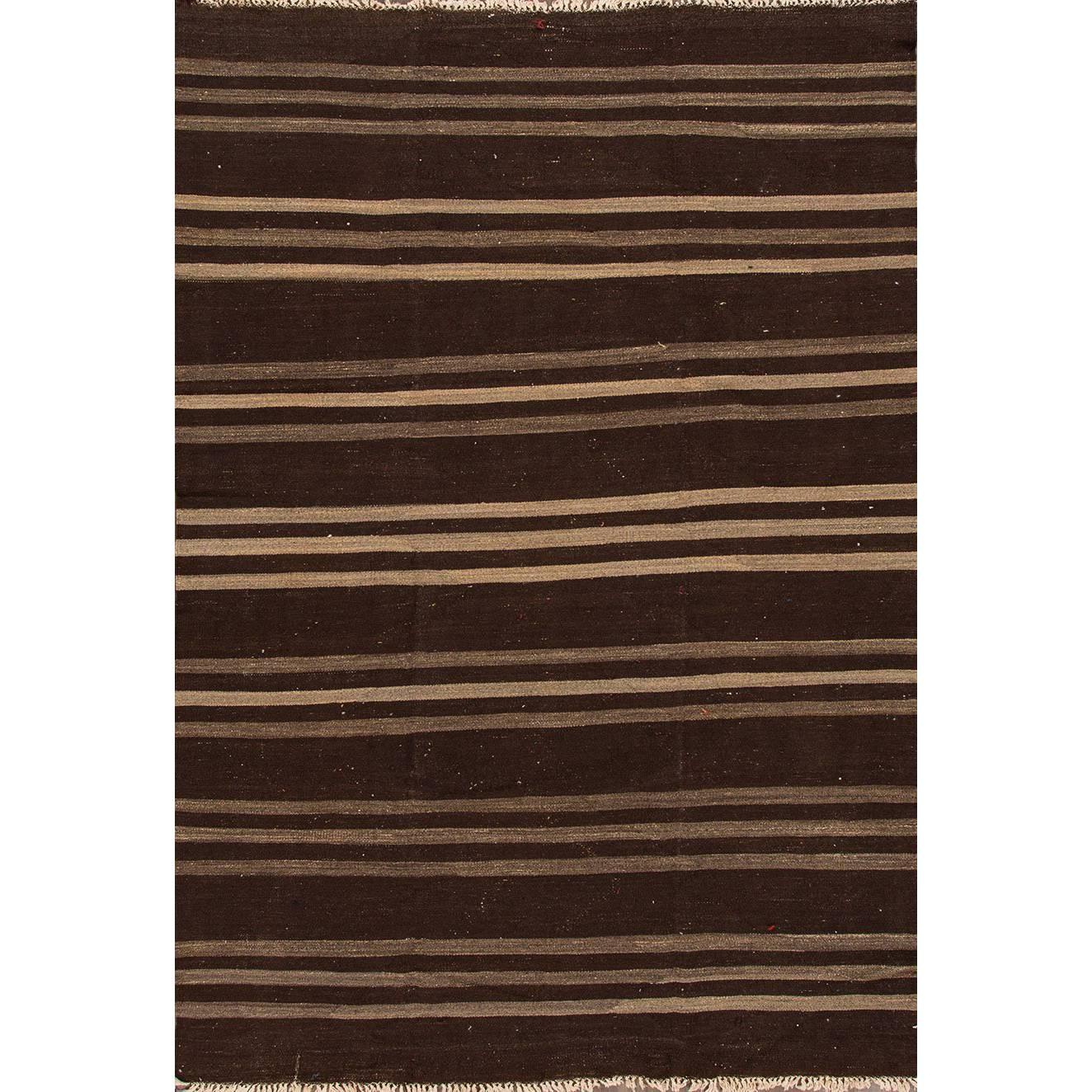Modern Brown and Tan Striped Turkish Kilim Rug For Sale at 1stDibs