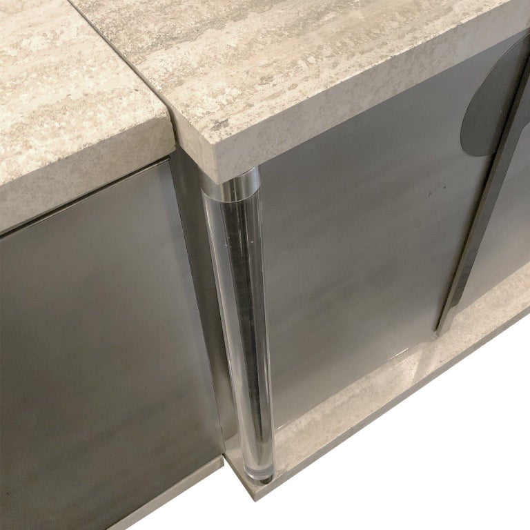 Modern Travertine Credenza with Brushed Chrome and Lucite Columns For ...