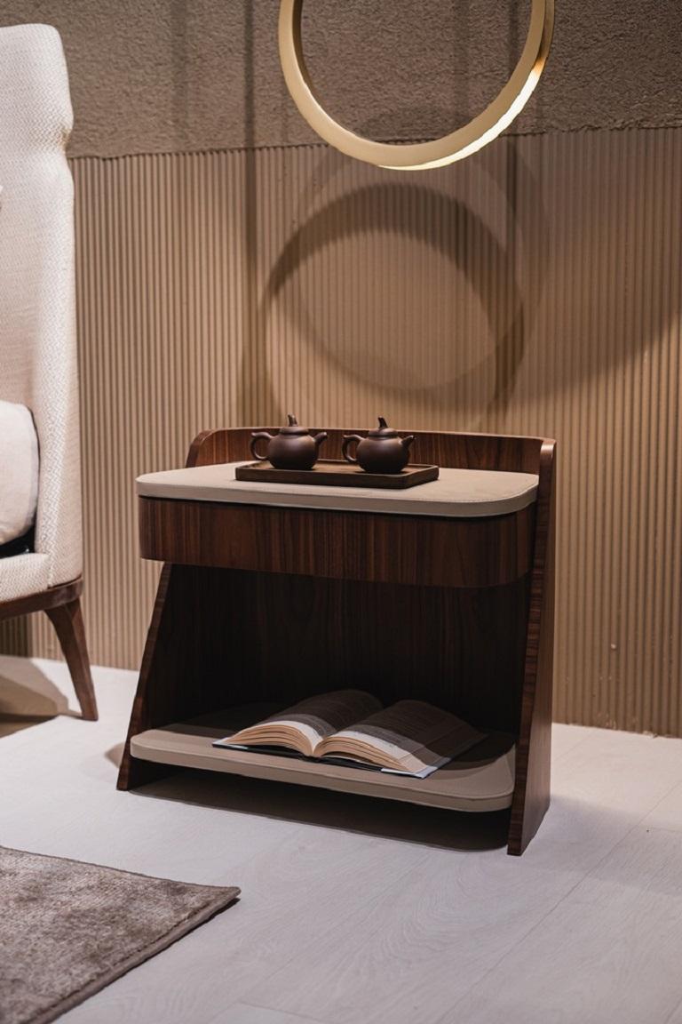Modern by Giuseppe Carpanelli Shape Bedside table Noce Canaletto and leather For Sale at 1stDibs