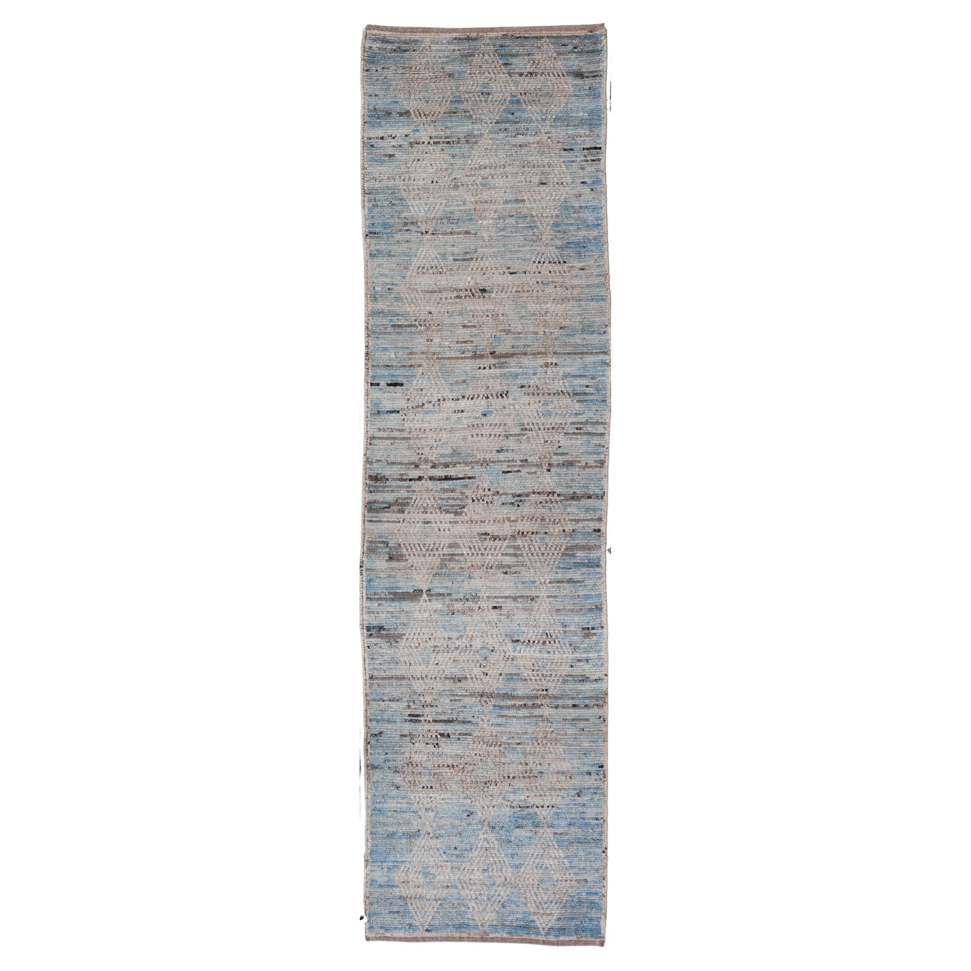 Modern Casual Afghan Runner with Blue and Cream Diamond Design For Sale ...