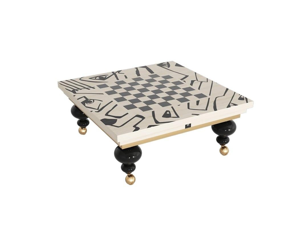 Modern Center Coffee Black and White Chess Board Table Top With Golden ...