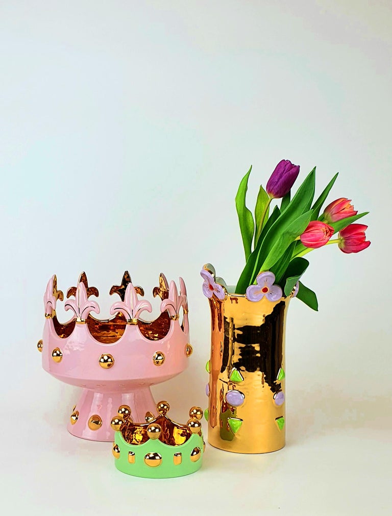 Modern Ceramica Gatti 1928 Crown Bowl Basket Handmade Ceramic Gold Pink ...