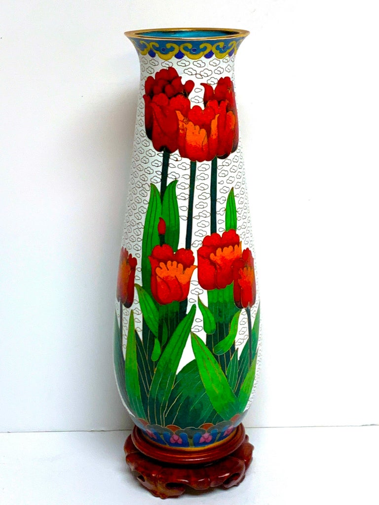 Modern Chinese Cloisonné Tulip Motif Tapered Vase and Stand at 1stDibs ...