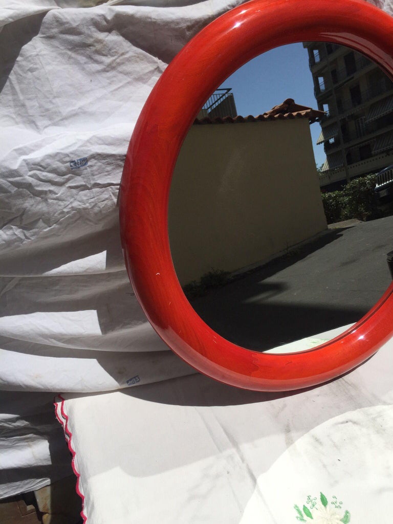 Modern Circular Mirror in Red Lacquered Wood from the 70s, Danish ...