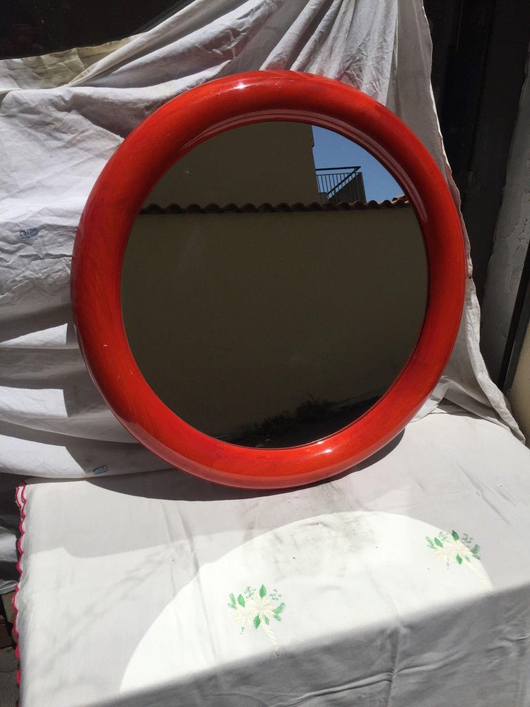Modern Circular Mirror in Red Lacquered Wood from the 70s, Danish ...