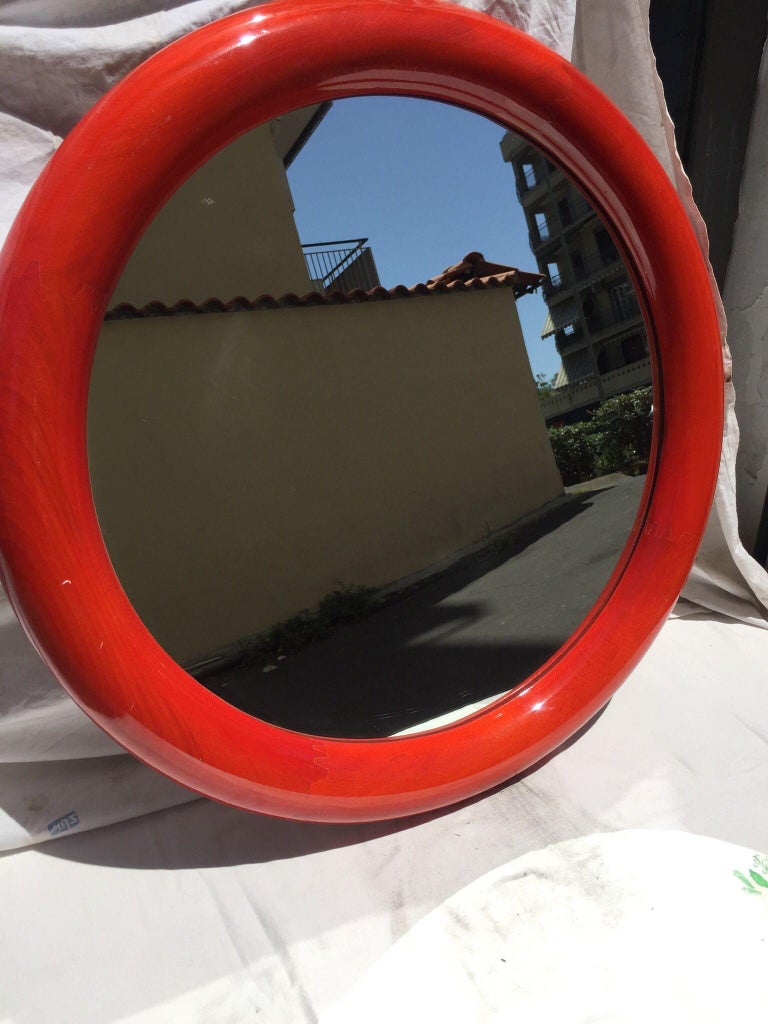 Modern Circular Mirror in Red Lacquered Wood from the 70s, Danish ...