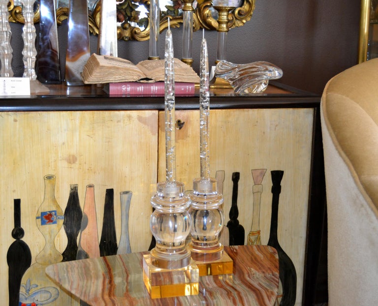 Modern Clear and Gold Turned Acrylic Candleholders, Candlesticks, Pair ...