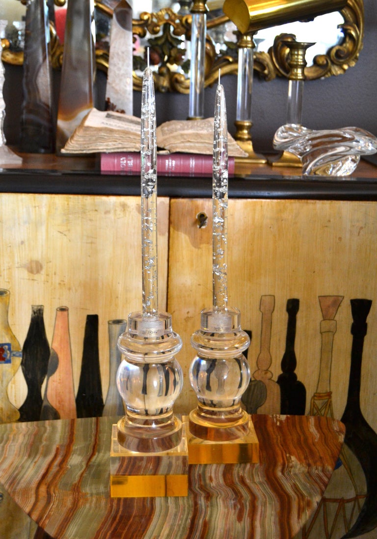 Modern Clear and Gold Turned Acrylic Candleholders, Candlesticks, Pair ...