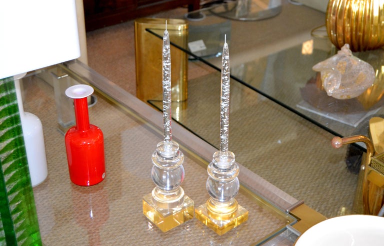 Modern Clear and Gold Turned Acrylic Candleholders, Candlesticks, Pair ...