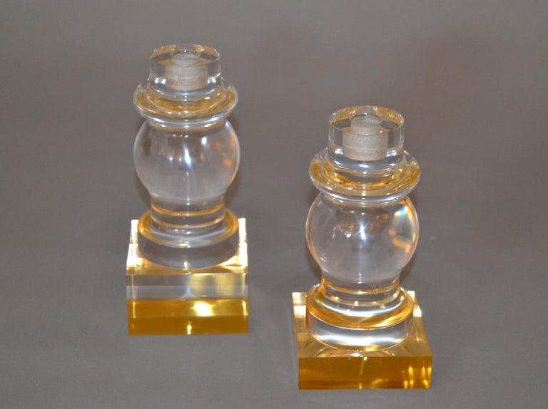Modern Clear and Gold Turned Acrylic Candleholders, Candlesticks, Pair ...