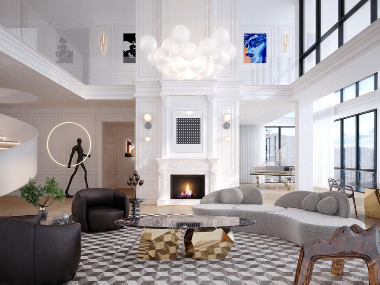 Modern Coffee Table in Gold and Curved Marble Table-Top For Sale at 1stDibs