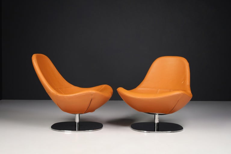 Modern Cognac Leather Swivel Lounge Chairs, Italy, 1970s at 1stDibs
