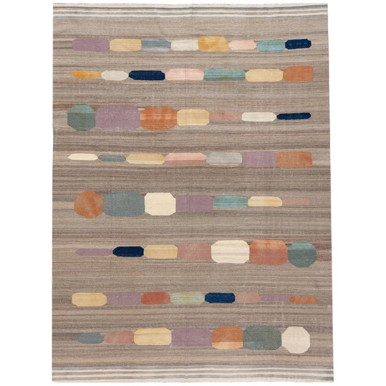 Modern Colorful Flat-Weave Kilim Room Size Wool Rug at 1stDibs