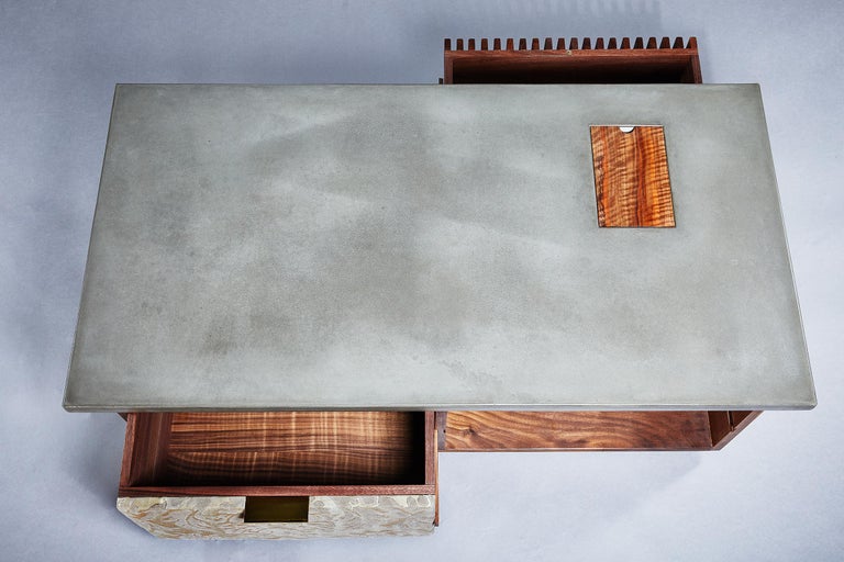 Modern Concrete Brass and Walnut Coffee Table with Sliding Drawers and ...