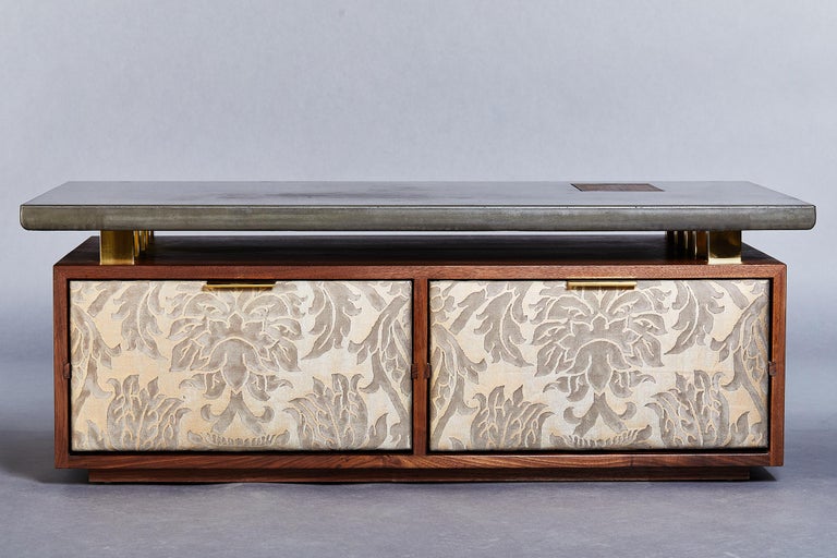 Modern Concrete Brass and Walnut Coffee Table with Sliding Drawers and ...
