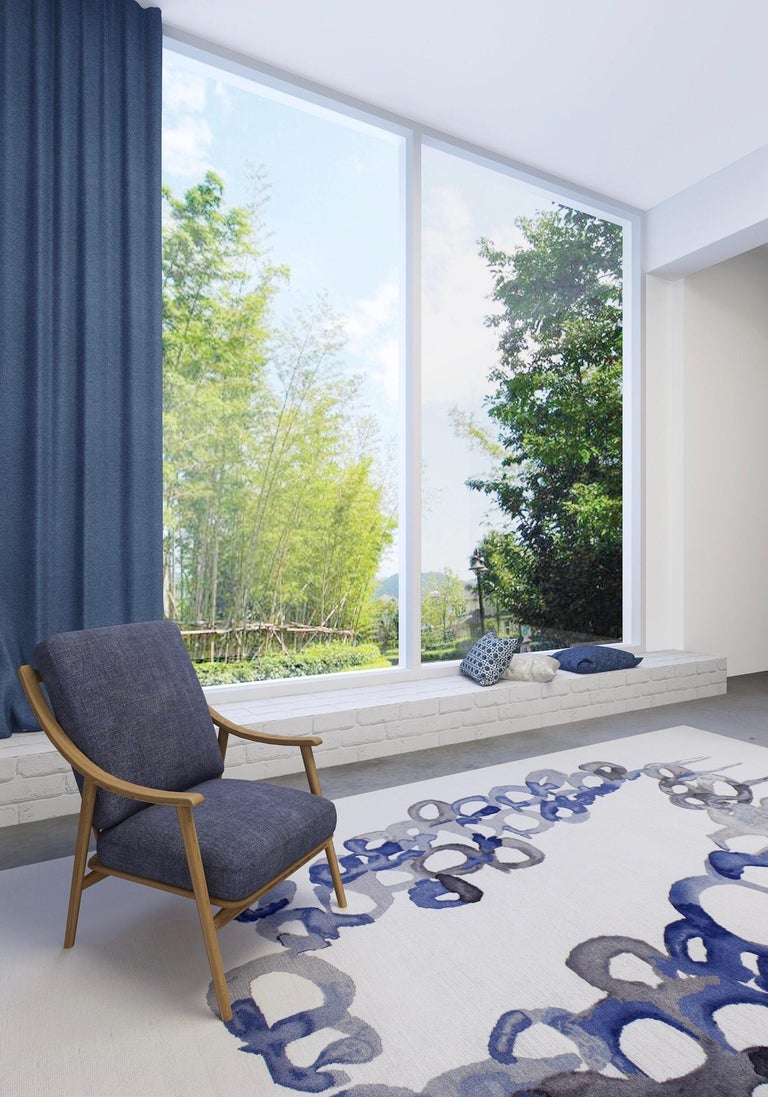 Abstract Contemporary Area Rug Blue, Handmade Pashmina Silk and Wool ...