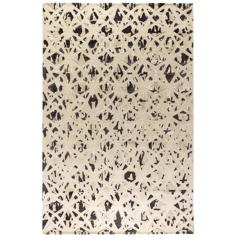 Modern Contemporary Area Rug in Black White, Handmade of Silk and Wool ...