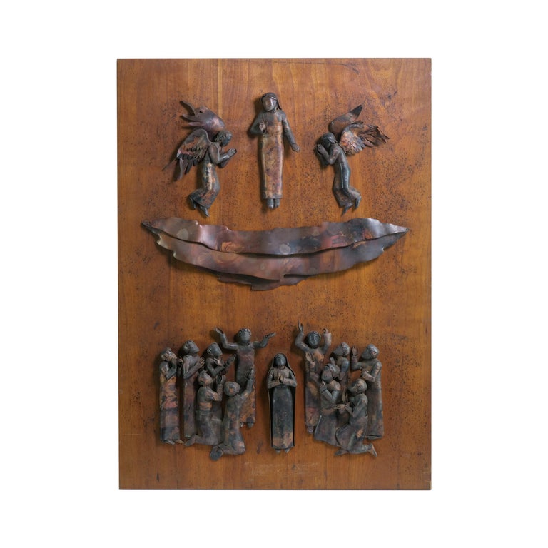 Modern Copper Ascension of Christ Mounted on Wood Panel Piece For Sale ...