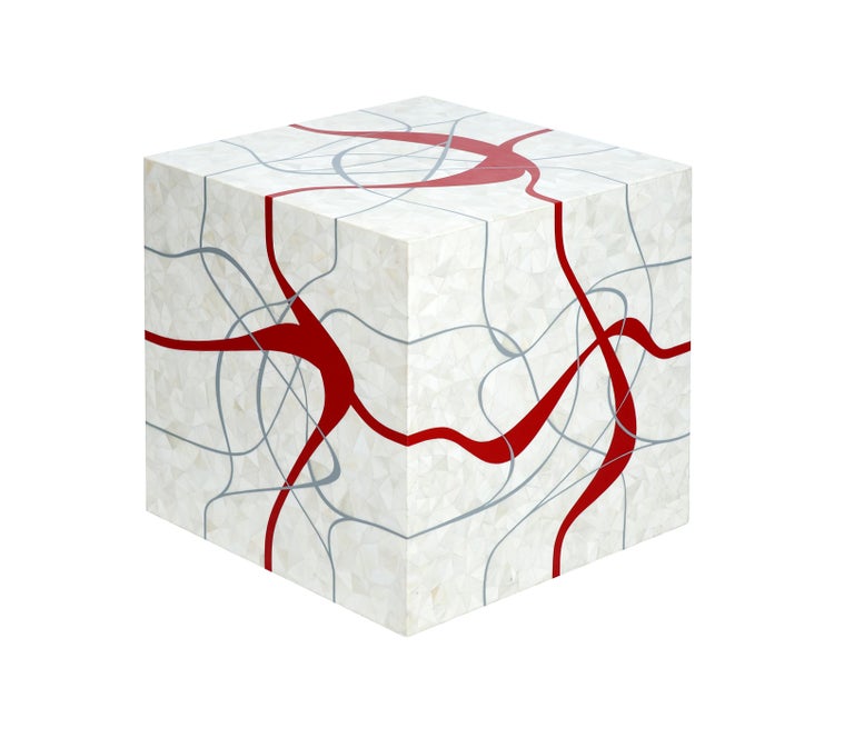 Modern Cube Table in Tessellated Horn with Graphic Red and Grey Resin ...