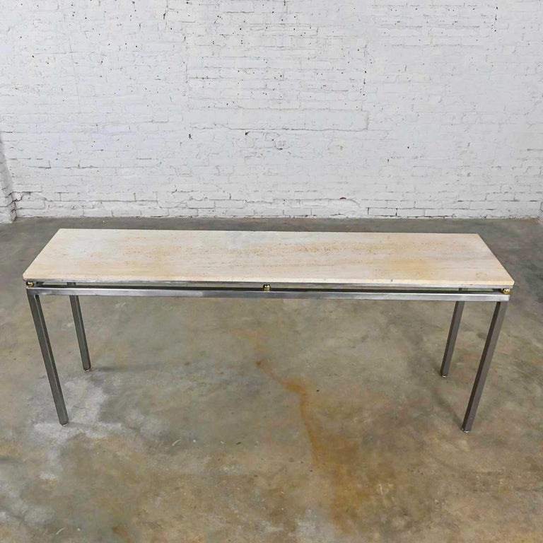 Modern Custom Tube Steel Console Sofa Table Travertine Top and Brass ...